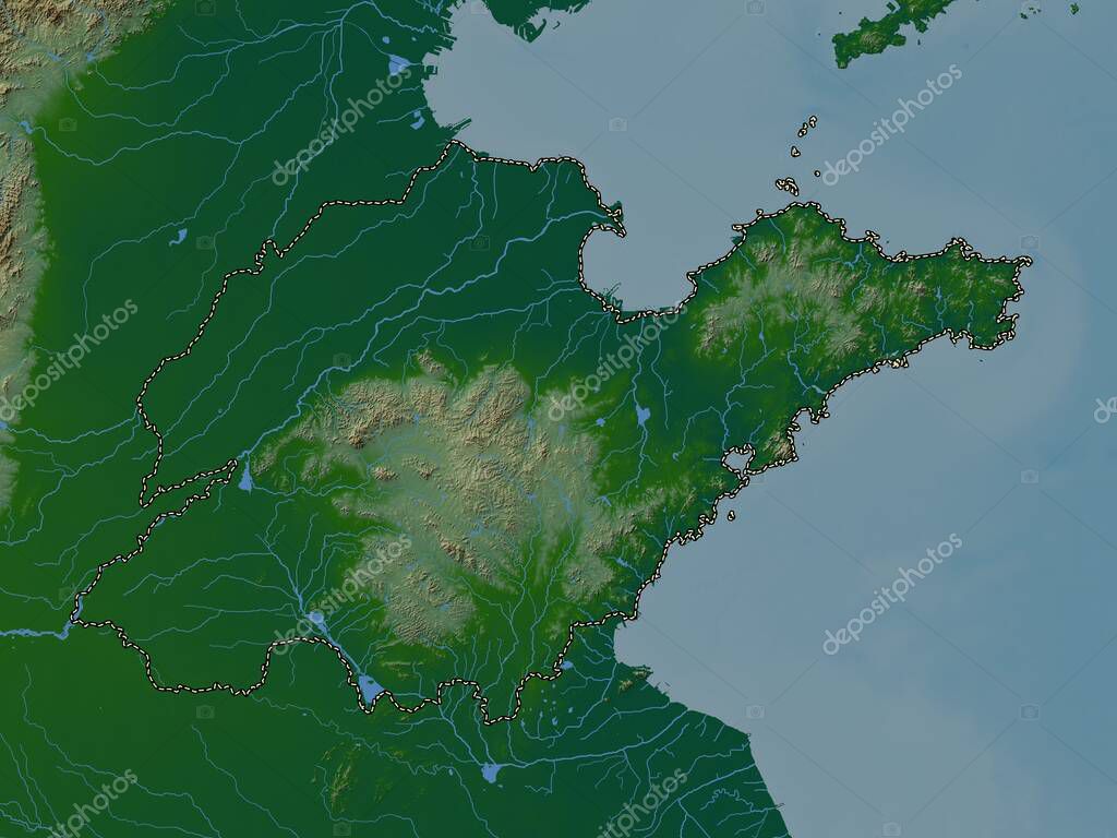 Shandong, provincia de China. Mapa de elevación de colores con lagos y ...