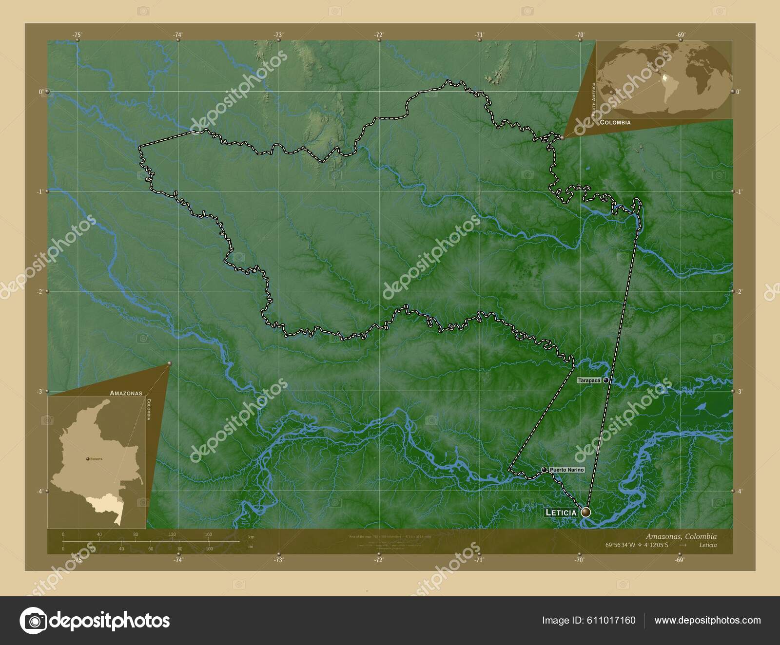 Amazonas Department Colombia Colored Elevation Map Lakes Rivers ...