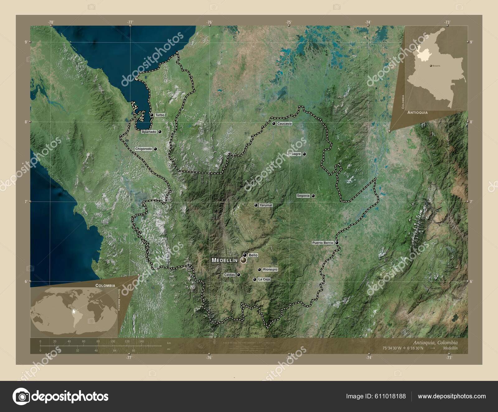 Antioquia Department Colombia High Resolution Satellite Map Locations Names Major — Stock Photo ...