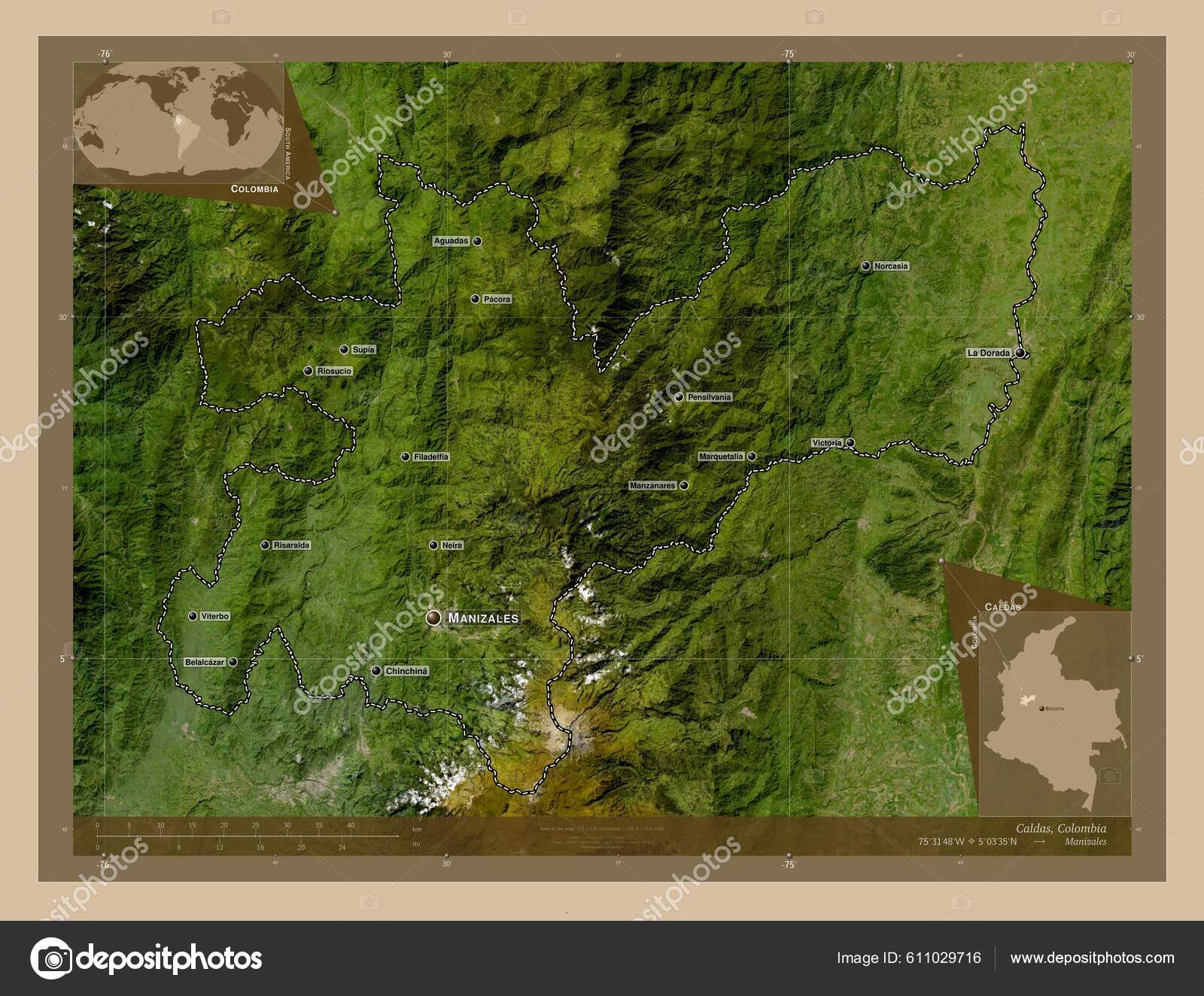 Caldas Department Colombia Low Resolution Satellite Map Locations Names ...