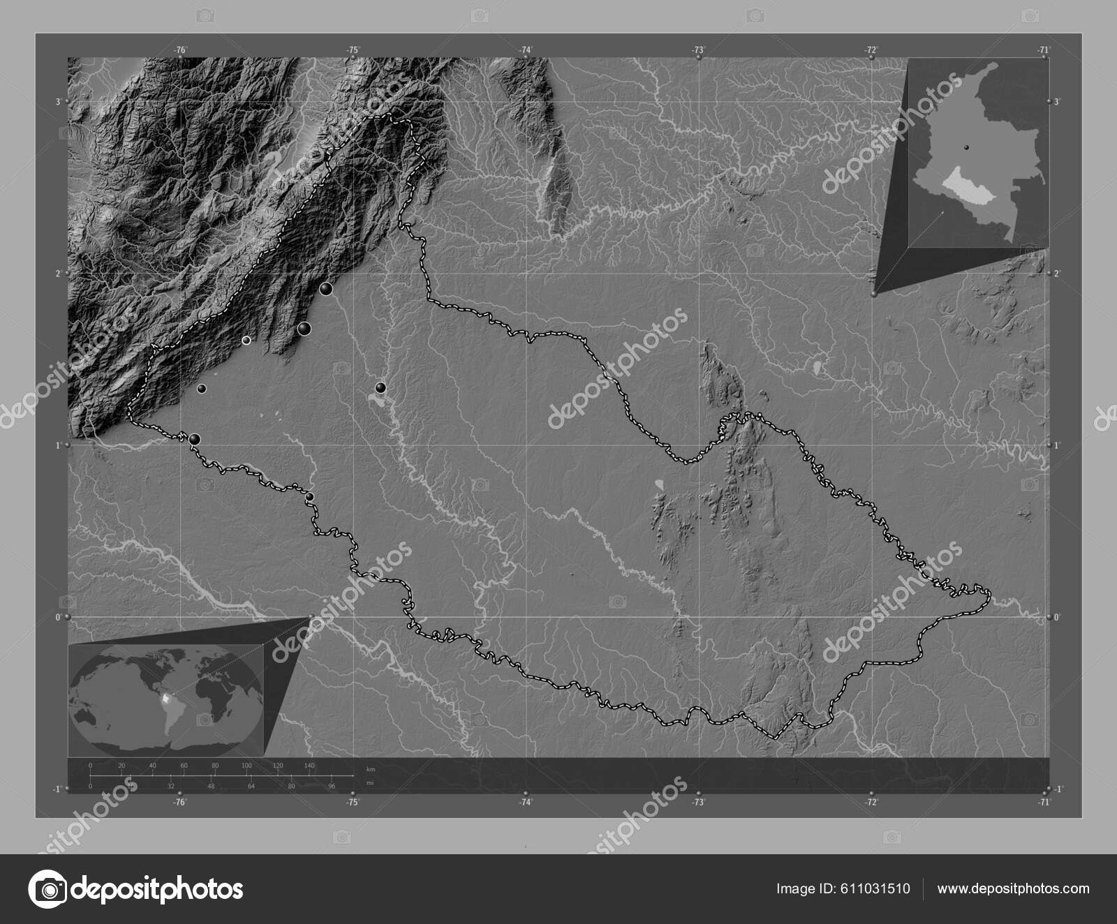 Caqueta Intendancy Colombia Bilevel Elevation Map Lakes Rivers ...