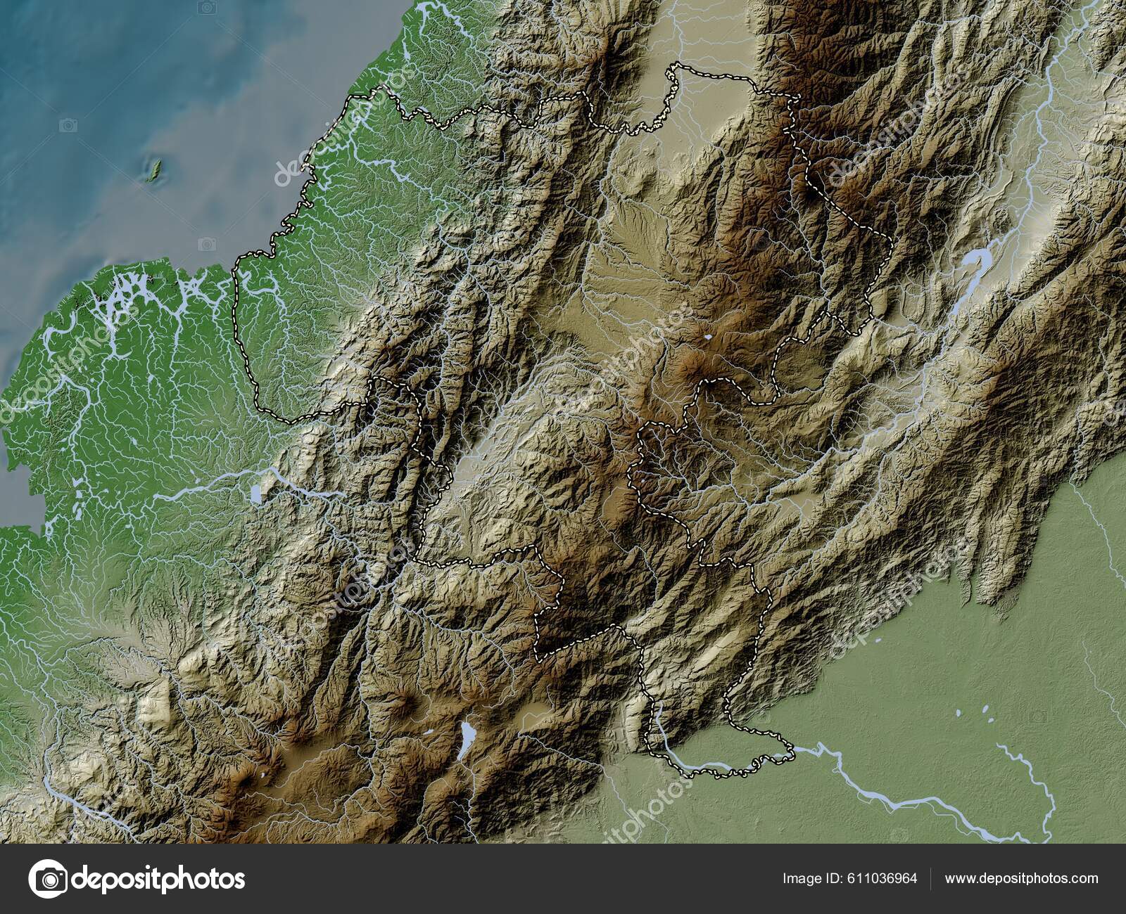 Cauca Department Colombia Elevation Map Colored Wiki Style Lakes Rivers ...