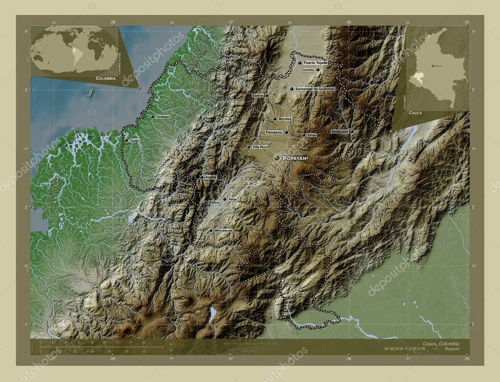 Cauca, departamento de Colombia. Mapa de elevación coloreado en estilo ...