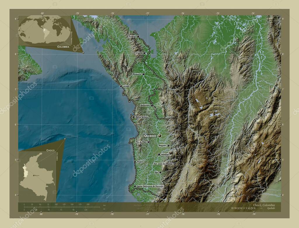 Choco, departamento de Colombia. Mapa de elevación coloreado en estilo ...