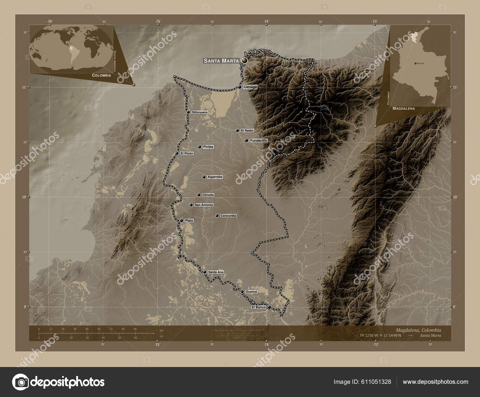 Magdalena Department Colombia Elevation Map Colored Sepia Tones Lakes ...