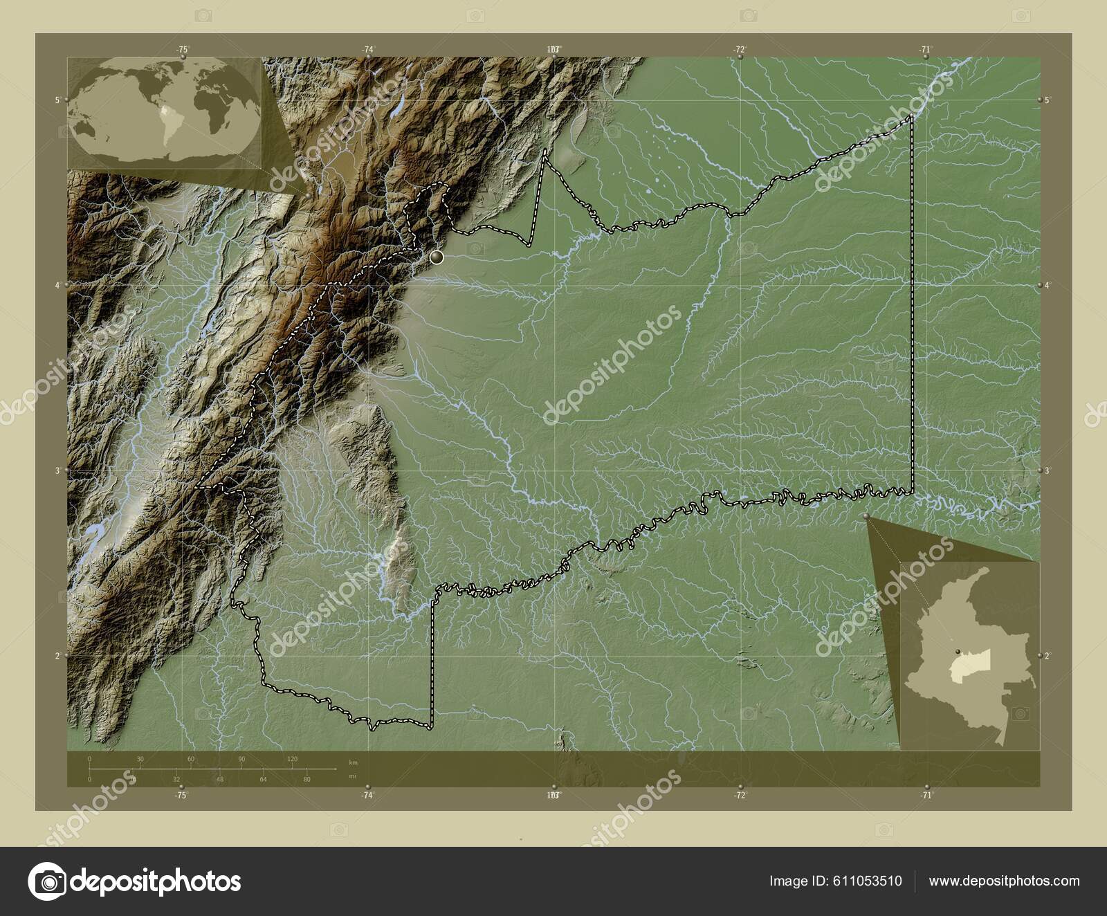 Meta Department Colombia Elevation Map Colored Wiki Style Lakes Rivers ...