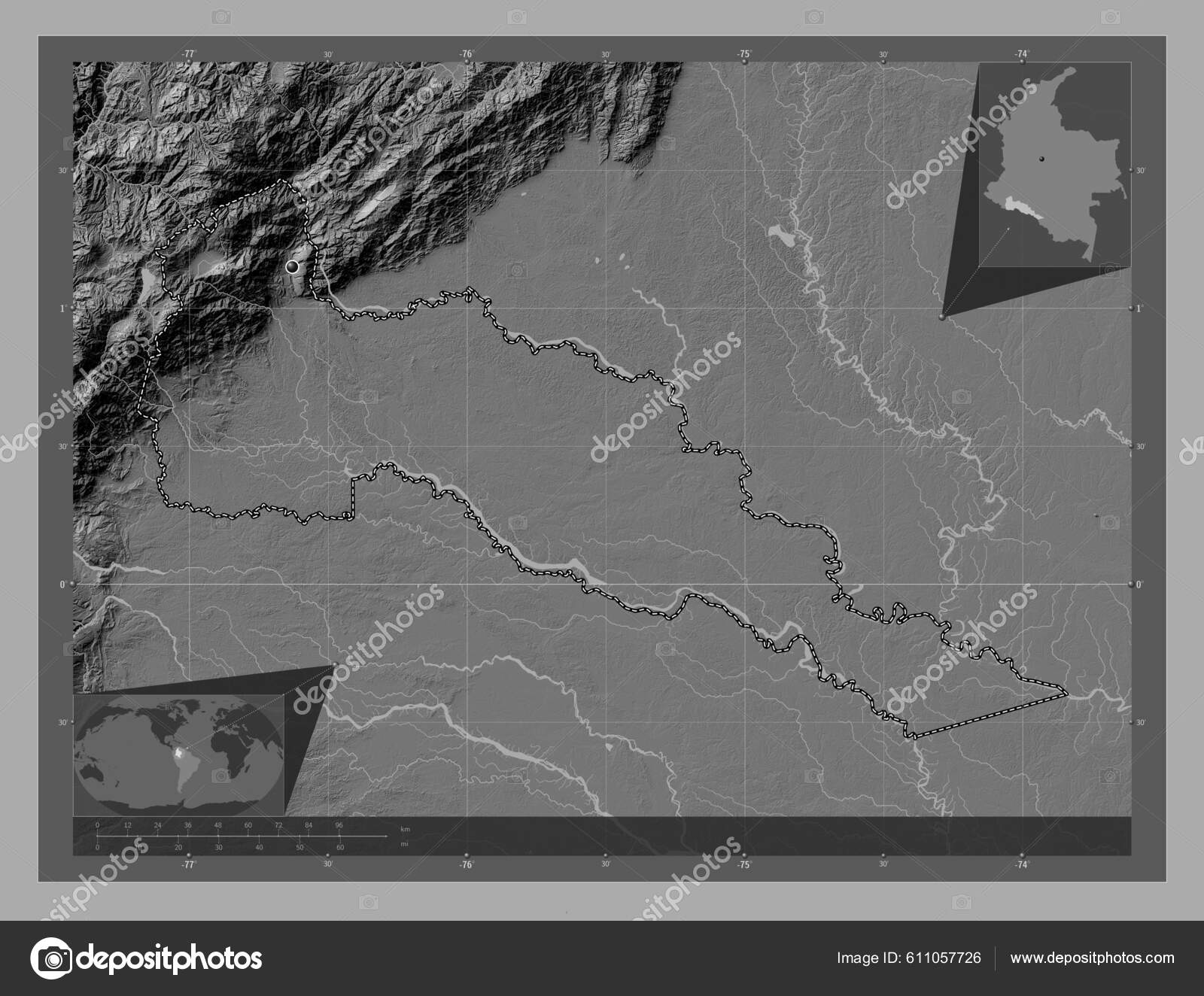 Putumayo Intendancy Colombia Bilevel Elevation Map Lakes Rivers Corner ...