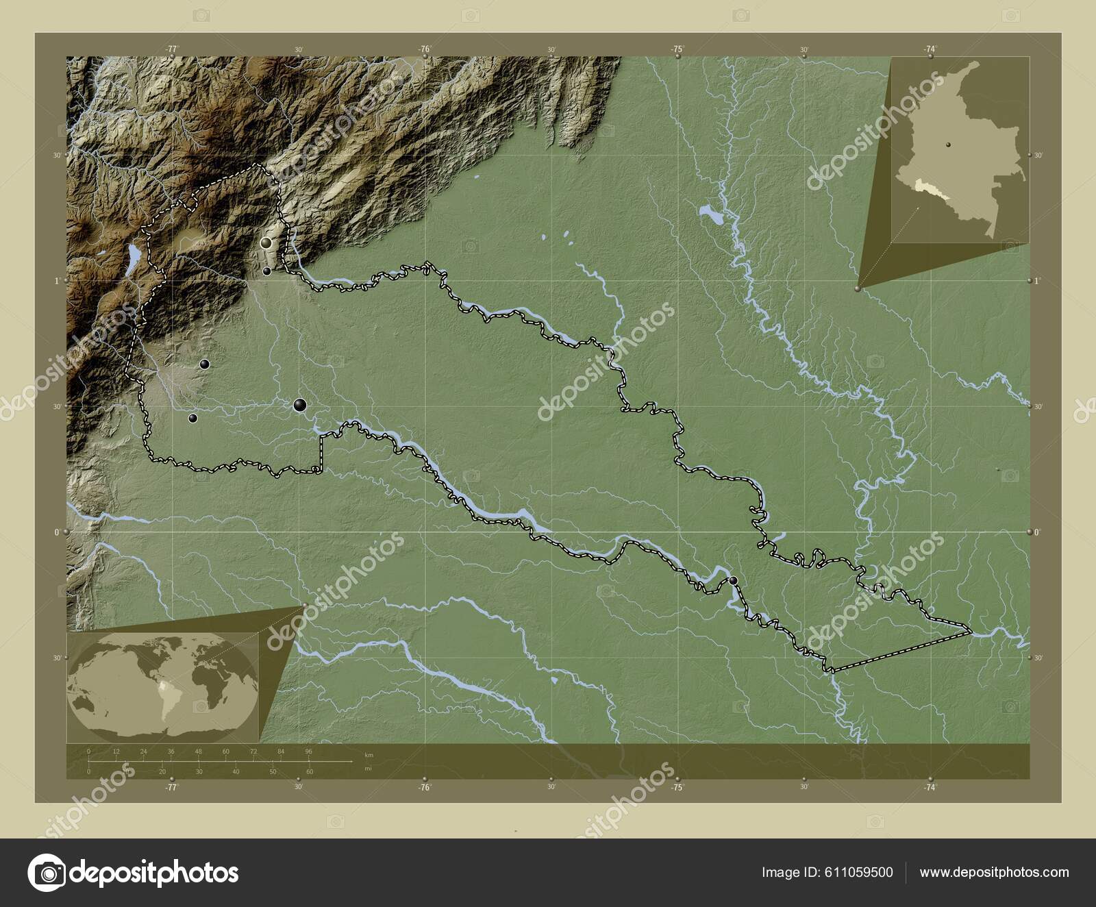 Putumayo Intendancy Colombia Elevation Map Colored Wiki Style Lakes ...