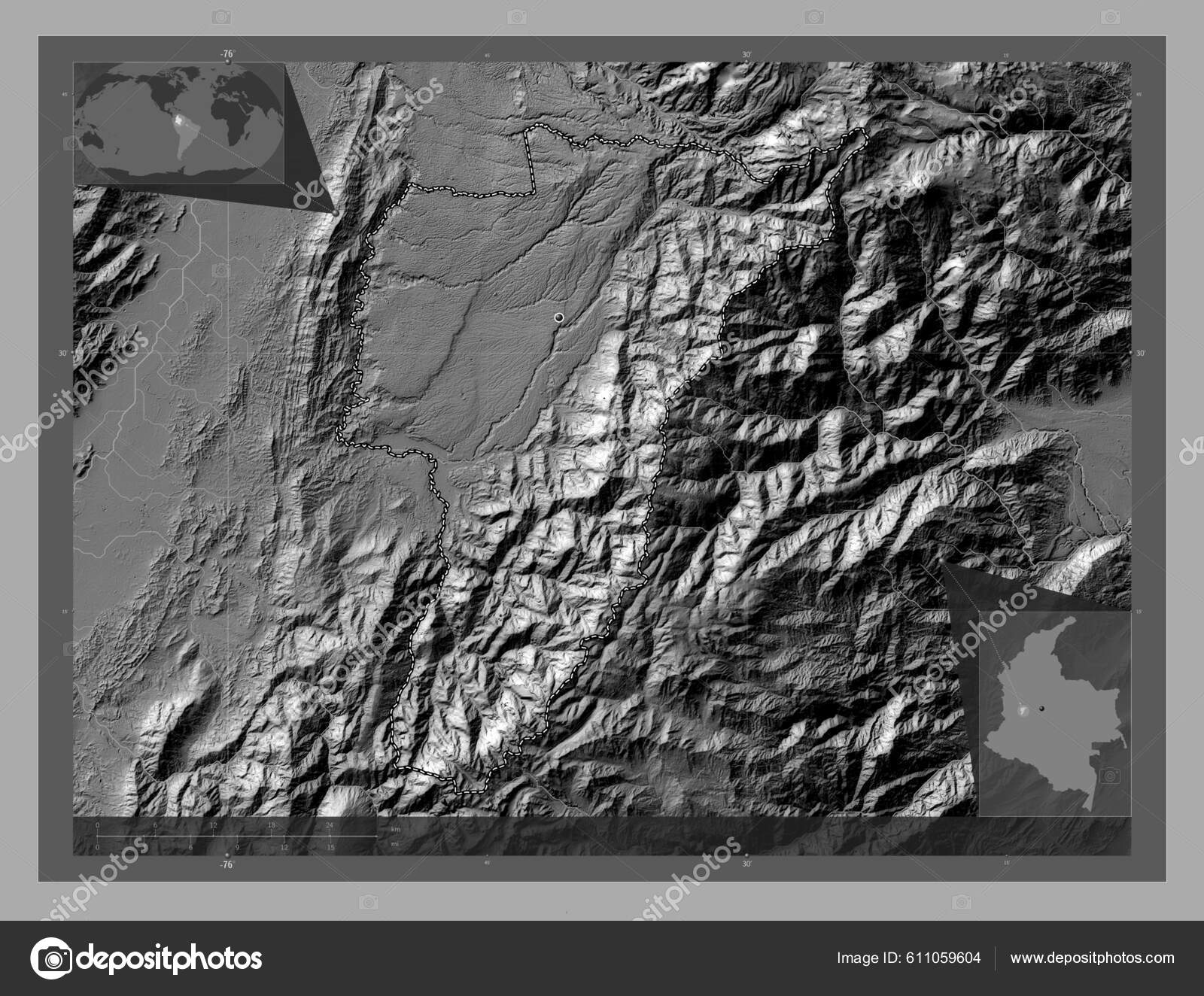 Quindio Department Colombia Bilevel Elevation Map Lakes Rivers Corner ...