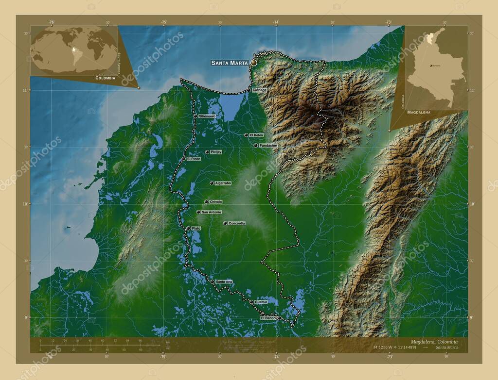 Magdalena, departamento de Colombia. Mapa de elevación de colores con ...