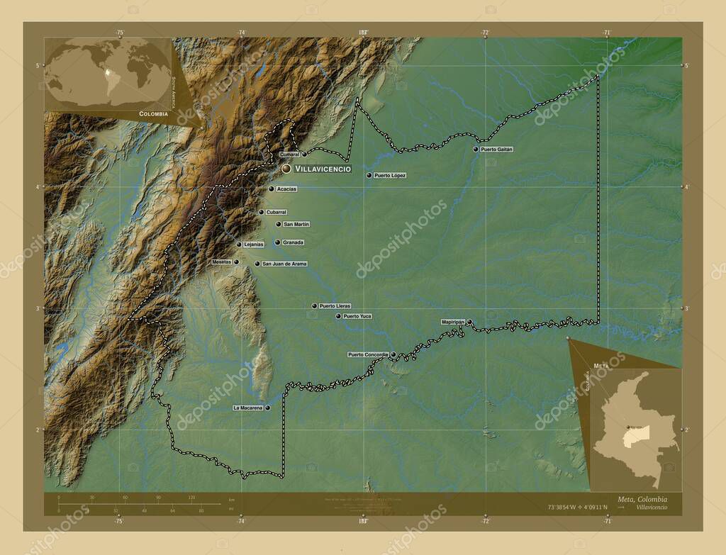 Meta, departamento de Colombia. Mapa de elevación de colores con lagos ...