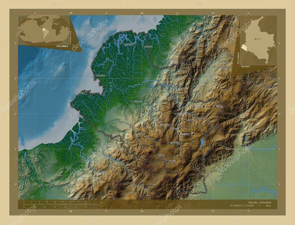 Narino, departamento de Colombia. Mapa de elevación de colores con ...