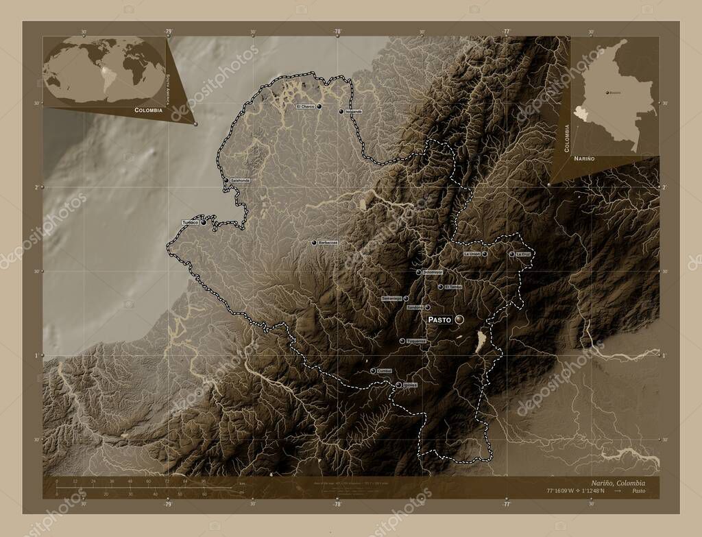 Narino, departamento de Colombia. Mapa de elevación coloreado en tonos ...