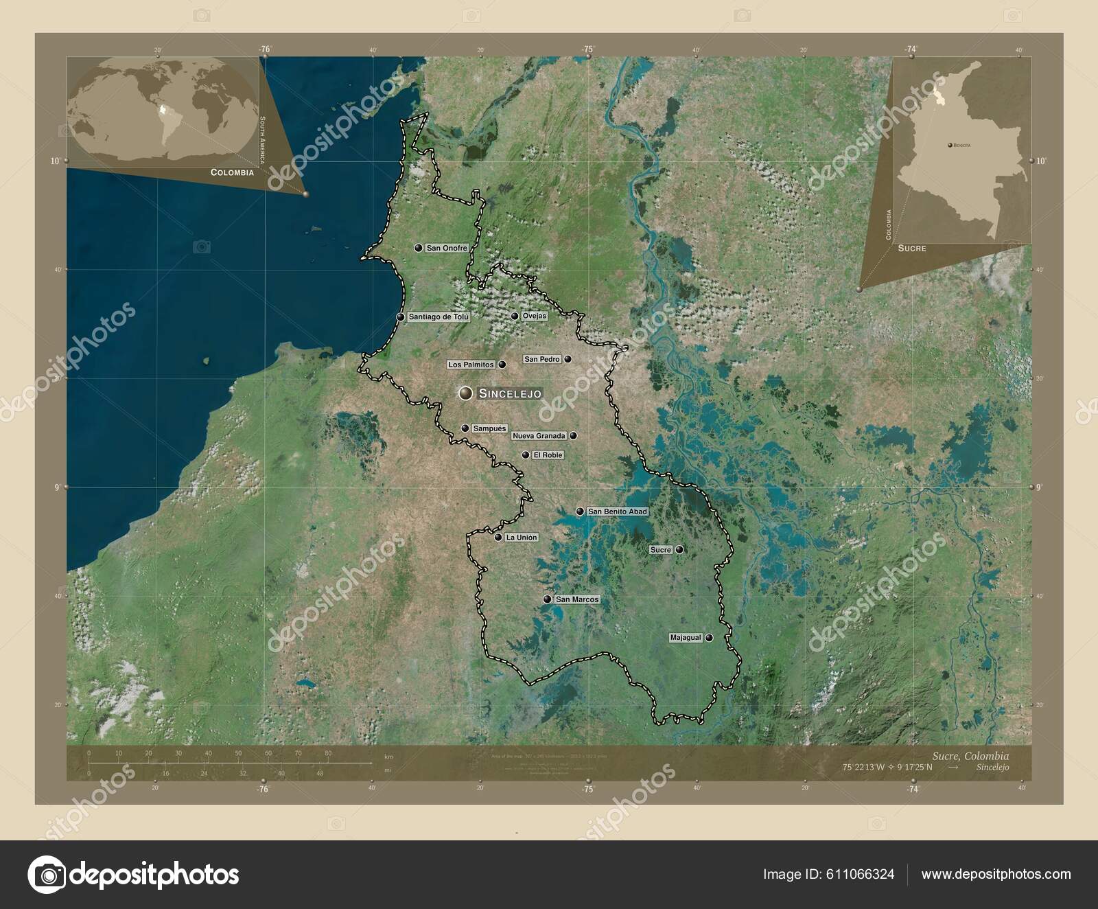 Sucre Departamento Colombia Mapa Satelital Alta Resolución Ubicaciones ...