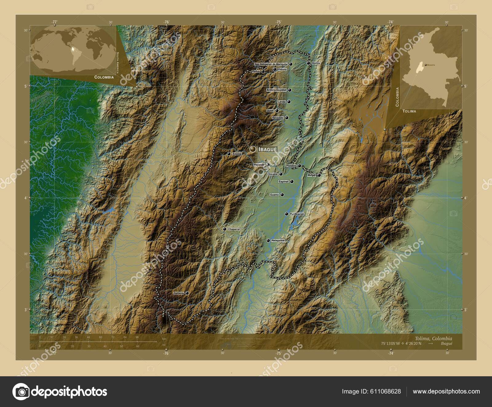 Tolima Department Colombia Colored Elevation Map Lakes Rivers Locations ...