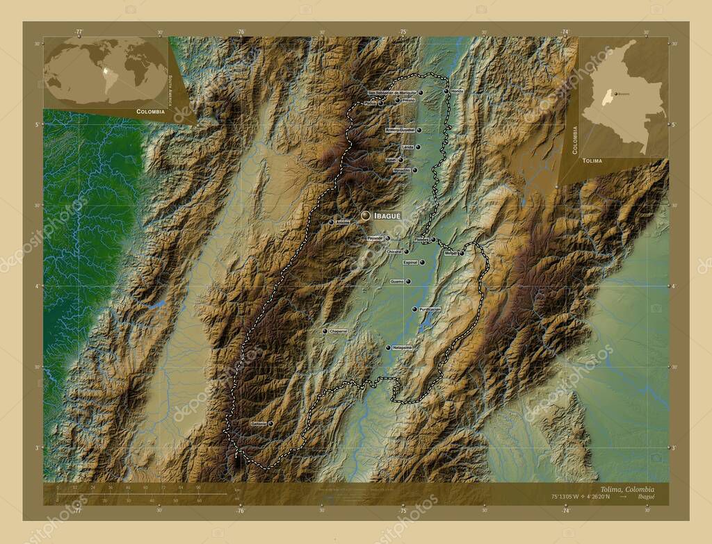 Tolima, departamento de Colombia. Mapa de elevación de colores con ...