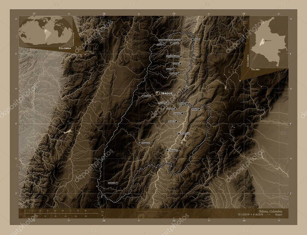 Tolima, departamento de Colombia. Mapa de elevación coloreado en tonos ...