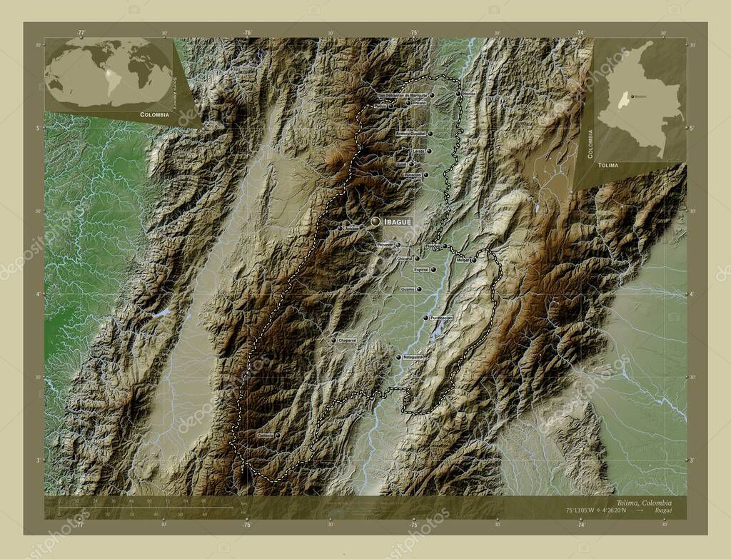 Tolima, departamento de Colombia. Mapa de elevación coloreado en estilo ...