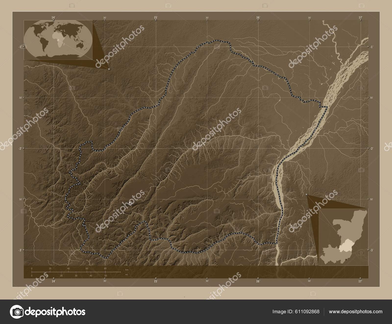 Plateaux Region Republic Congo Elevation Map Colored Sepia Tones Lakes ...