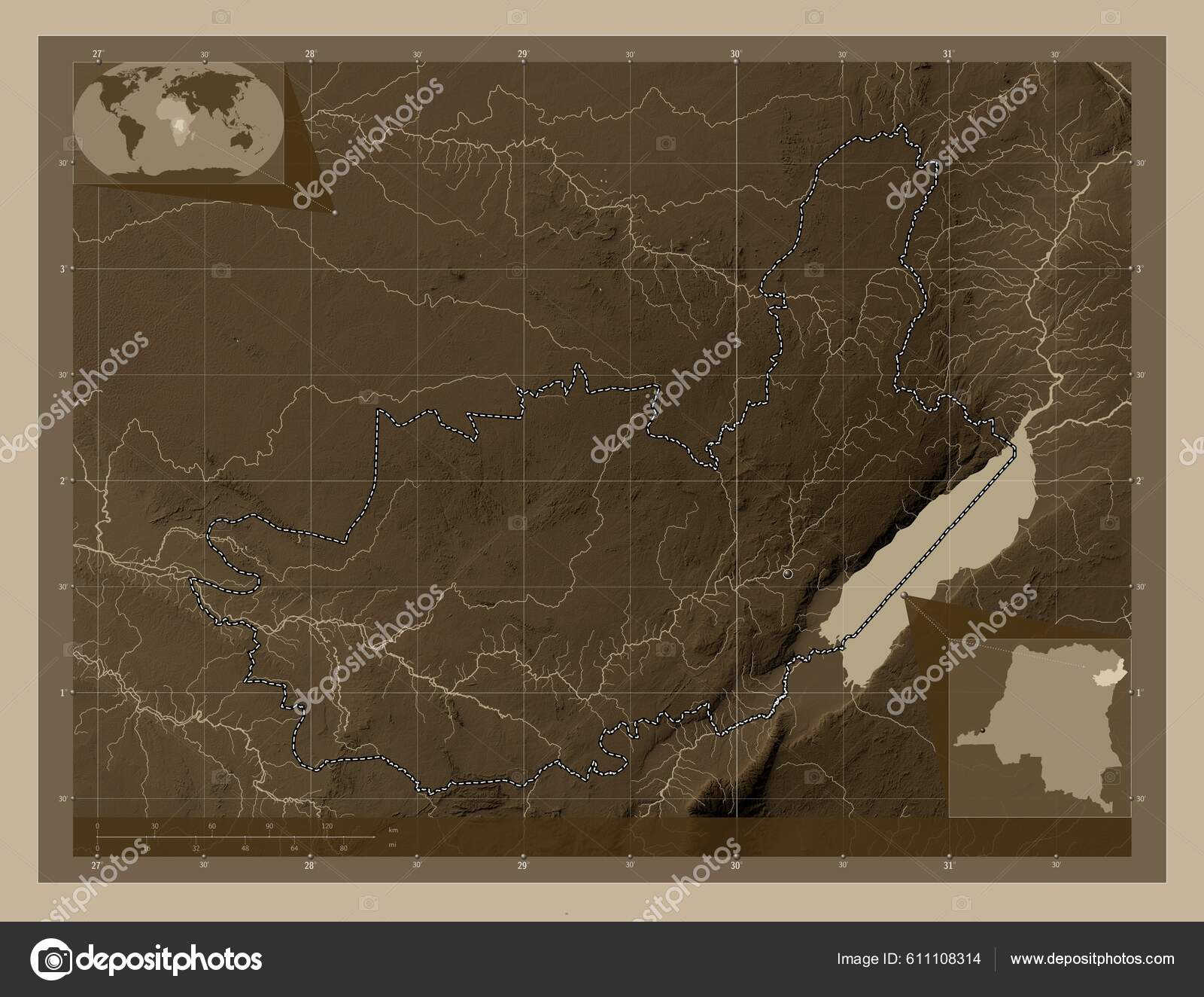 Ituri Province Democratic Republic Congo Elevation Map Colored Sepia ...