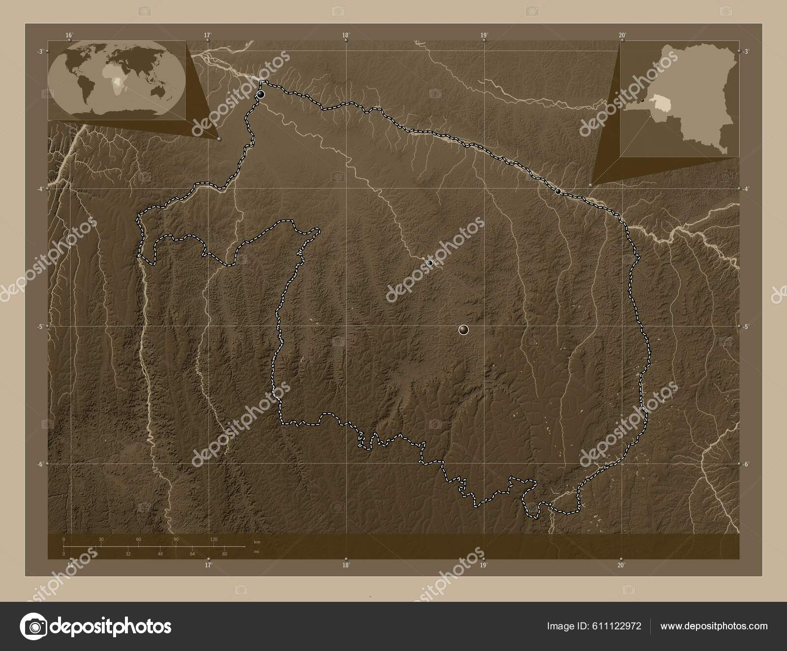 Kwilu Province Democratic Republic Congo Elevation Map Colored Sepia ...