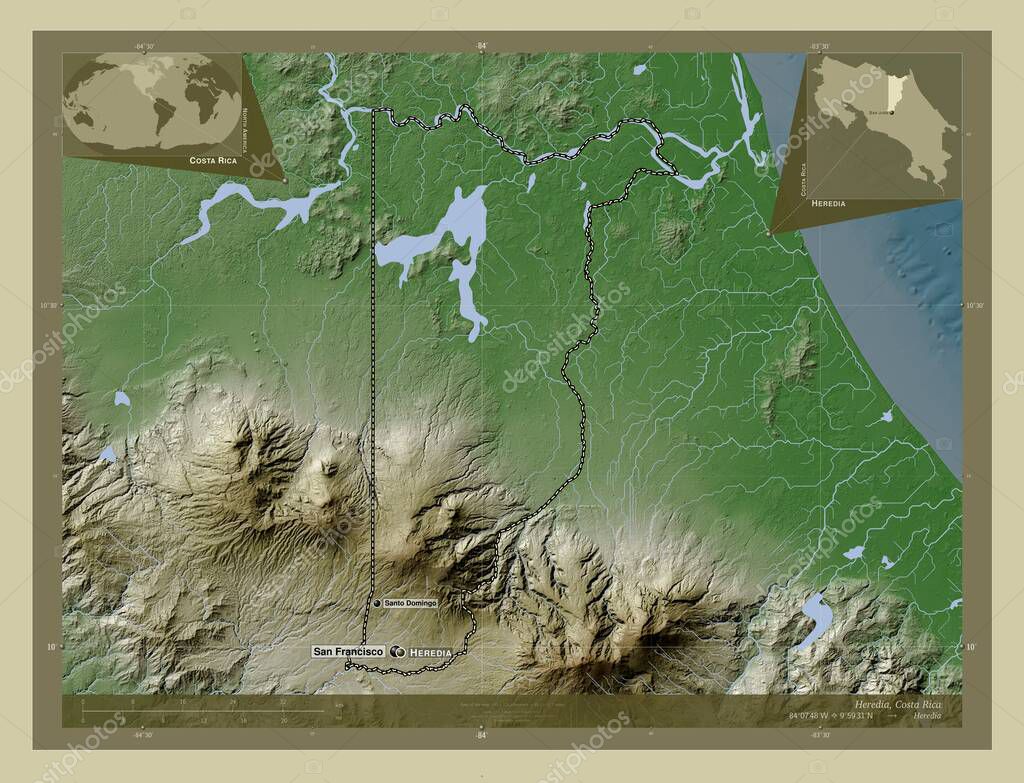 Heredia, provincia de Costa Rica. Mapa de elevación coloreado en estilo ...