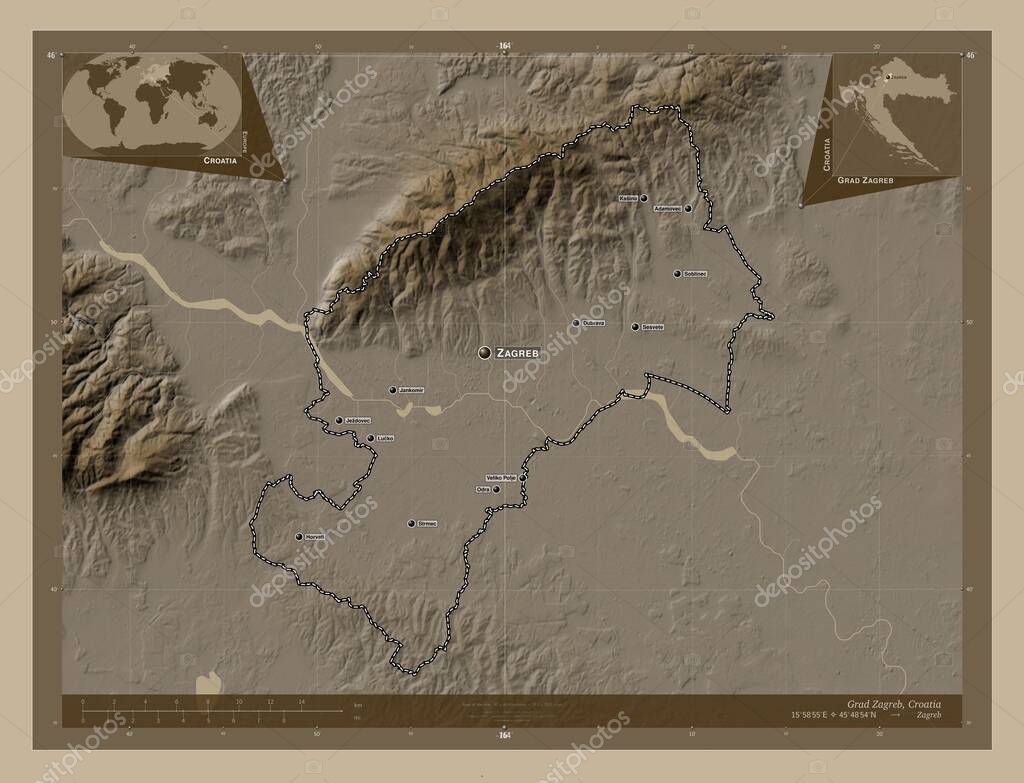 Grad Zagreb, ciudad de Croacia. Mapa de elevación coloreado en tonos ...