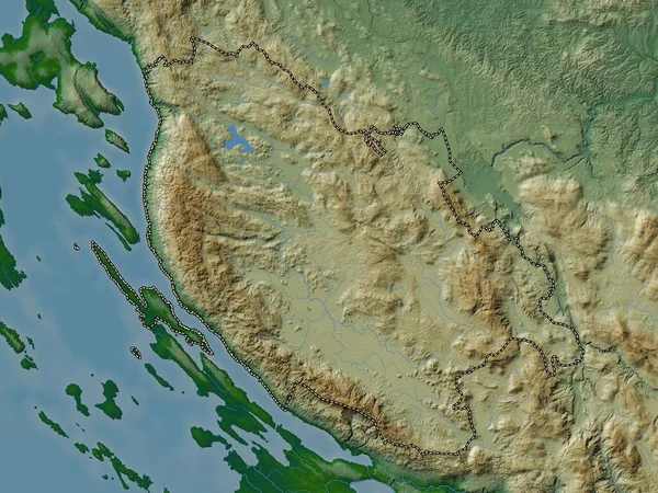 Licko-Senjska, condado de Croacia. Mapa de elevación de colores con ...