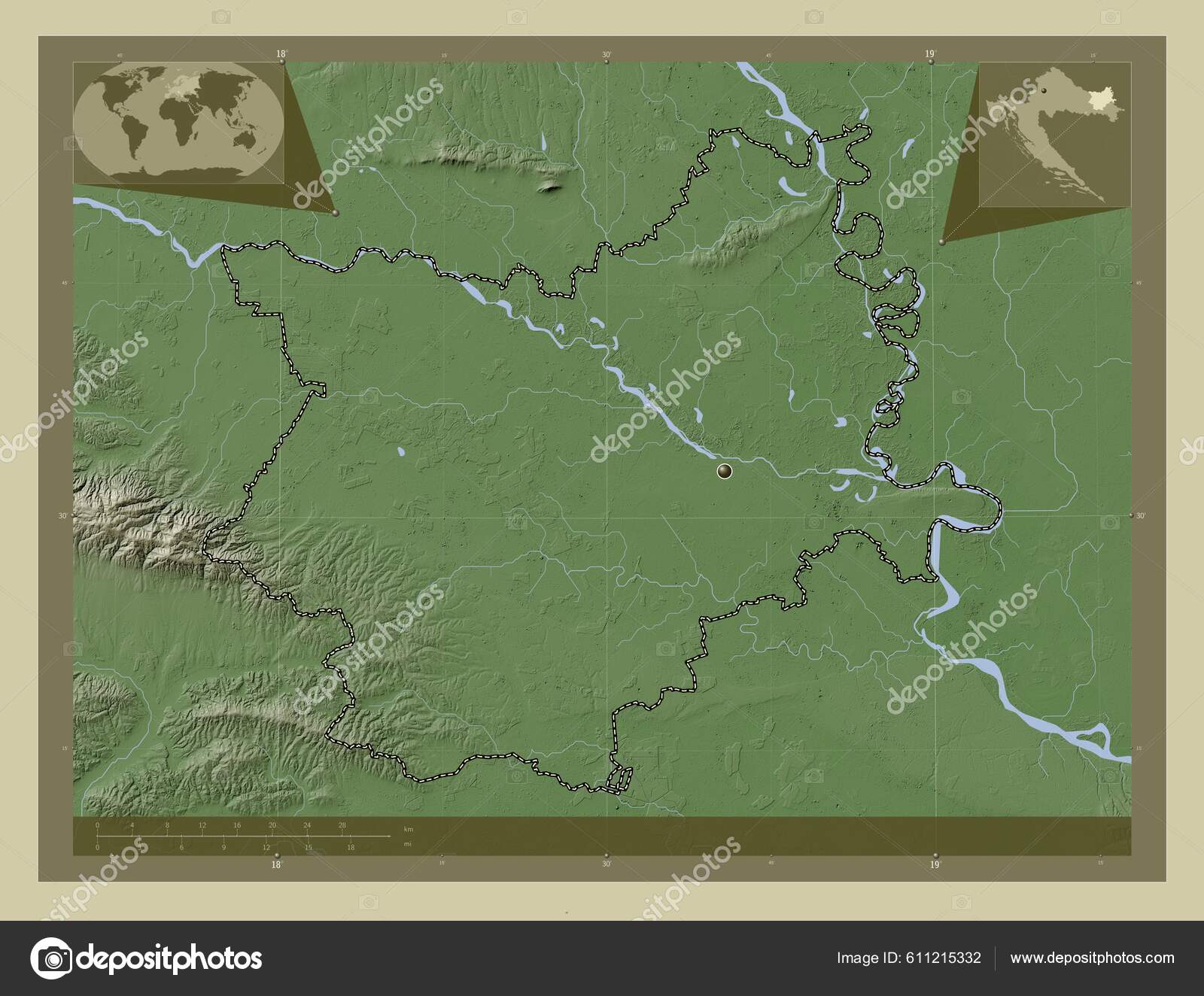 Osjecko Baranjska County Croatia Elevation Map Colored Wiki Style Lakes ...