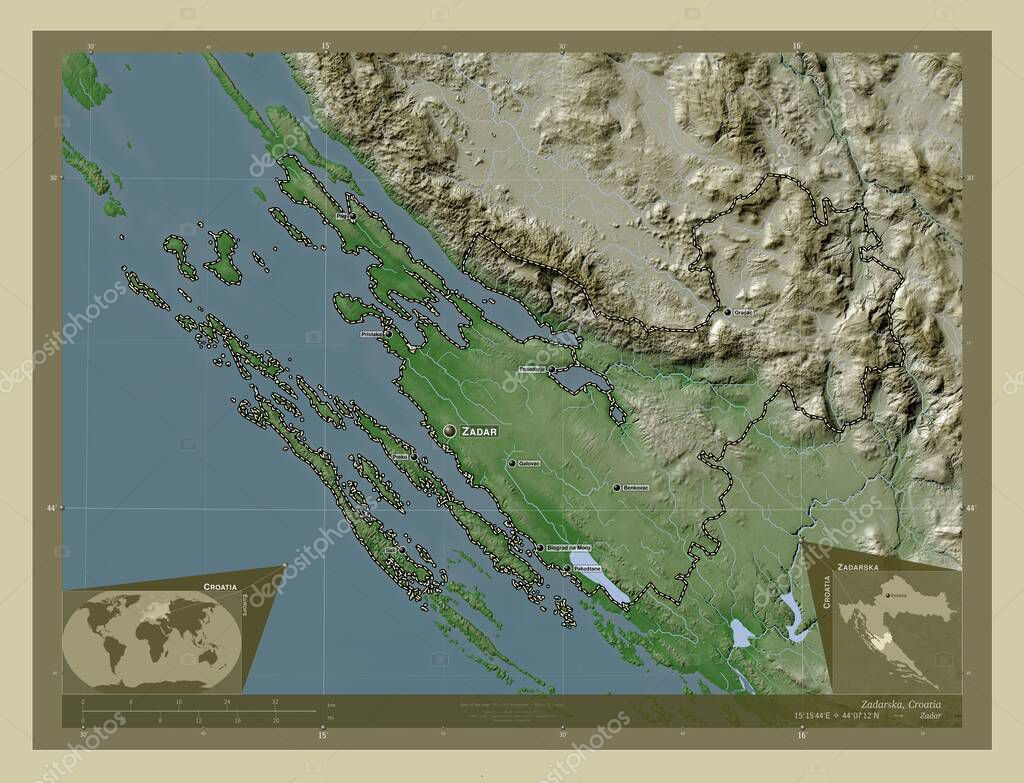 Zadarska, provincia de Croacia. Mapa de elevación coloreado en estilo ...