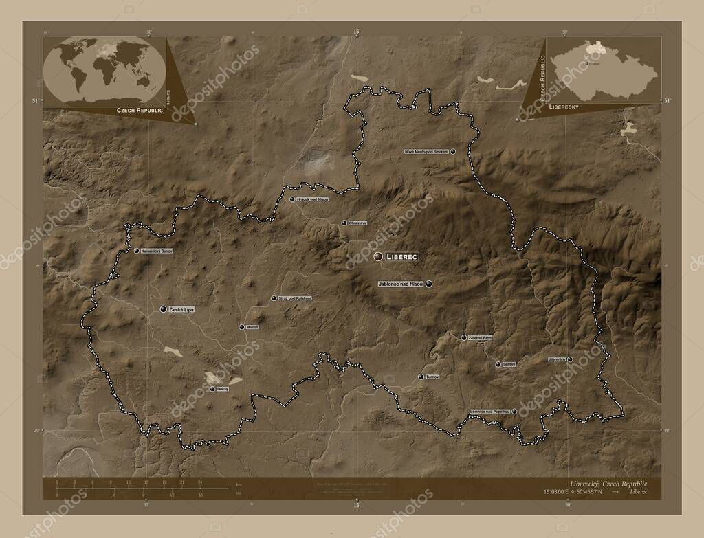 Liberecky, región de la República Checa. Mapa de elevación coloreado en ...