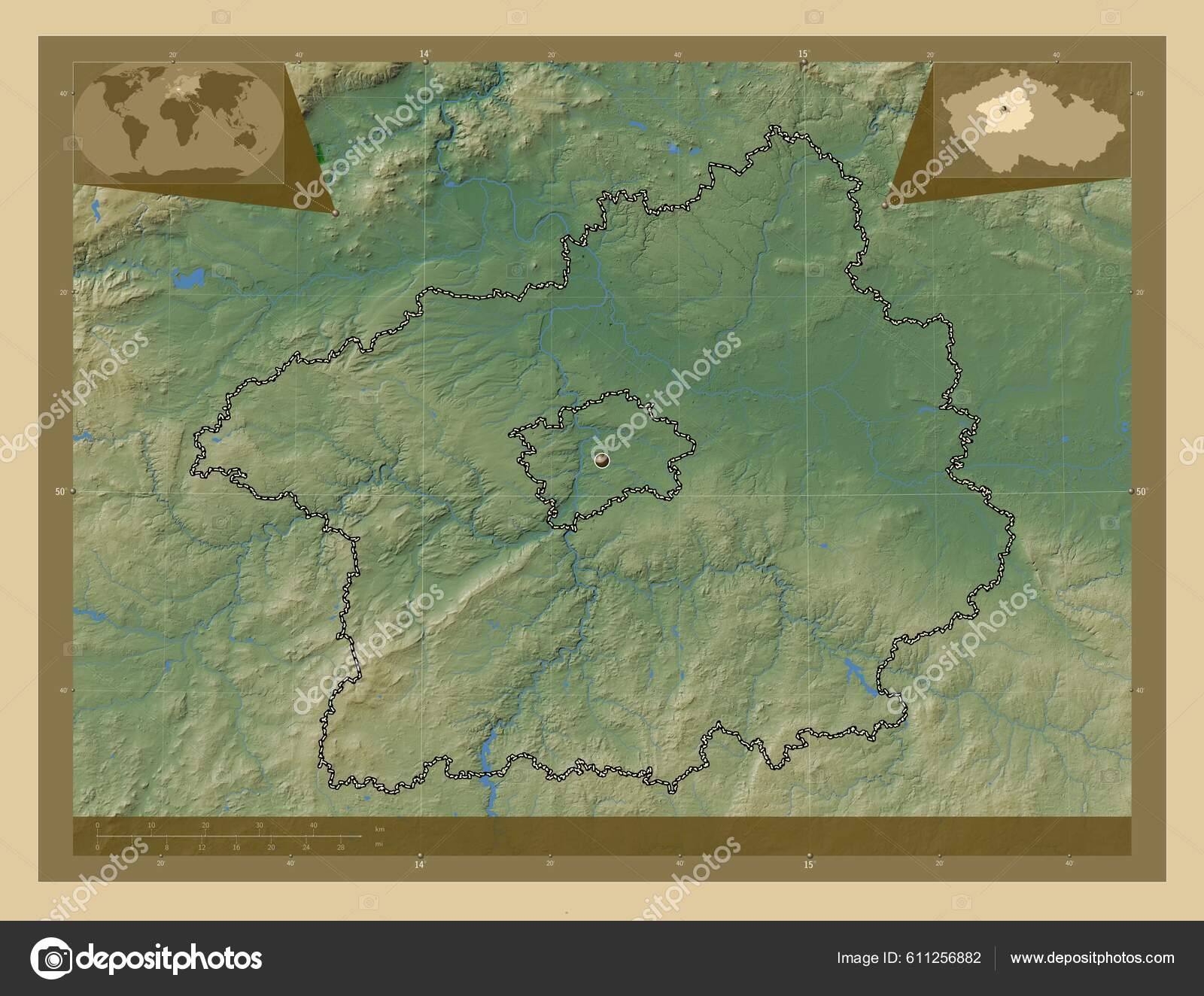 Stredocesky Region Czech Republic Colored Elevation Map Lakes Rivers ...