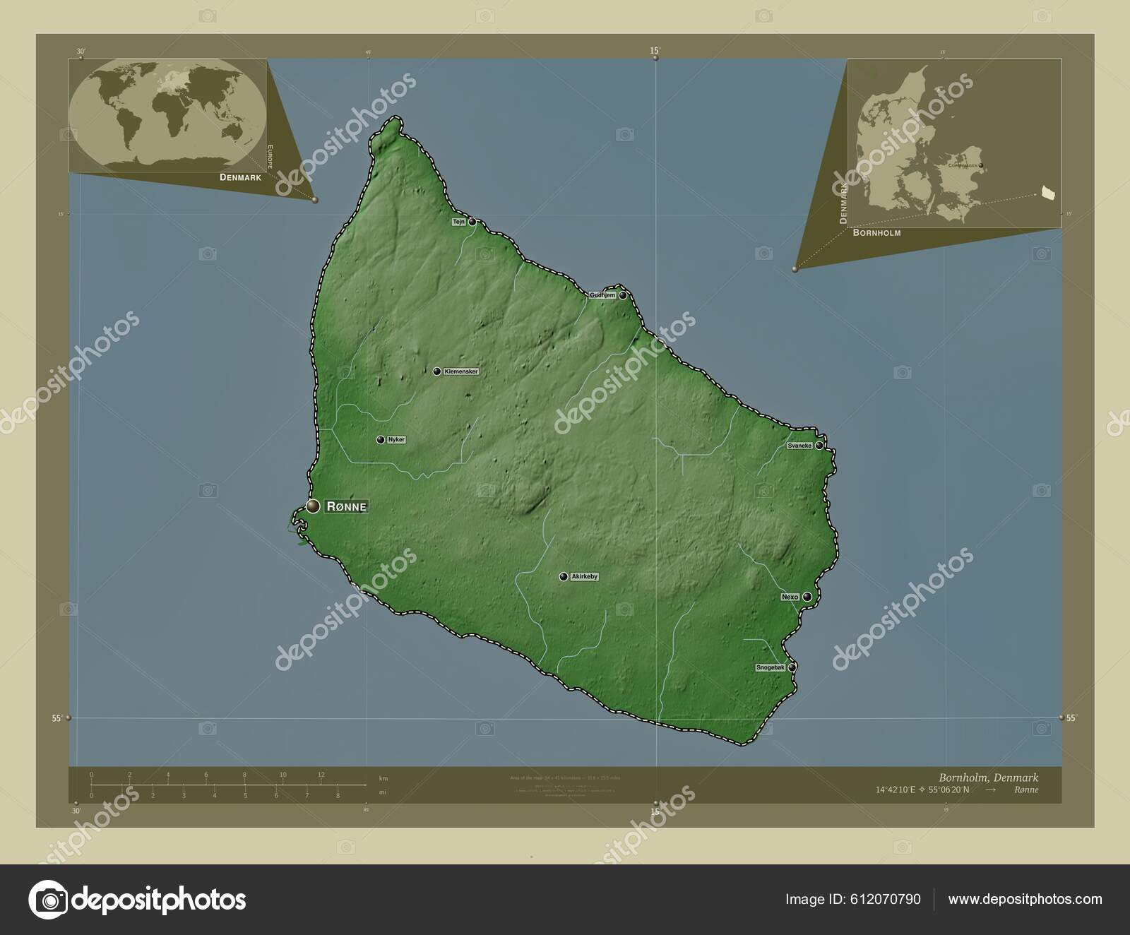 Bornholm Island Denmark Elevation Map Colored Wiki Style Lakes Rivers — Stock Photo © Yarr65 ...