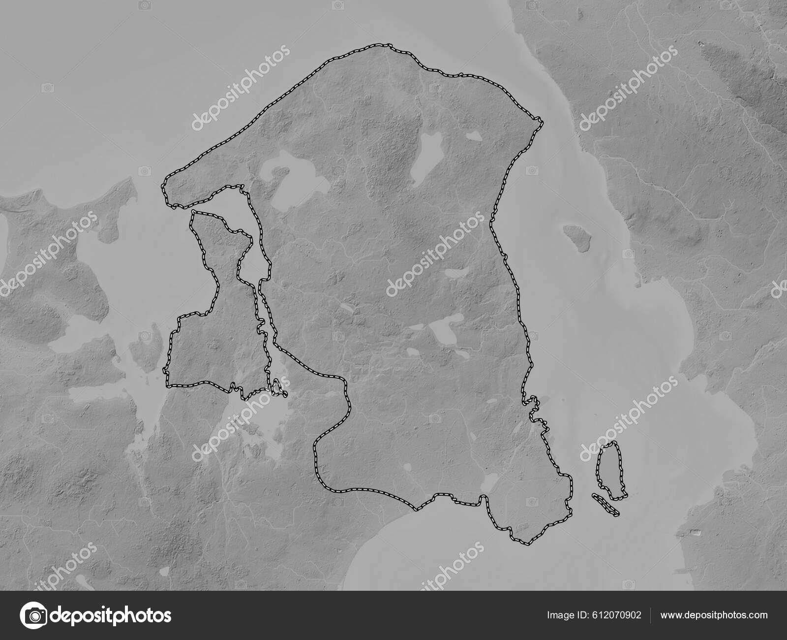 Hovedstaden Region Denmark Grayscale Elevation Map Lakes Rivers — Stock Photo © Yarr65 #612070902