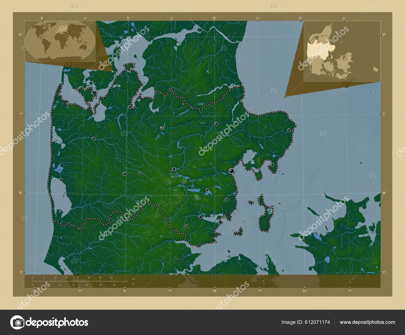Midtjylland Region Denmark Colored Elevation Map Lakes Rivers Locations ...