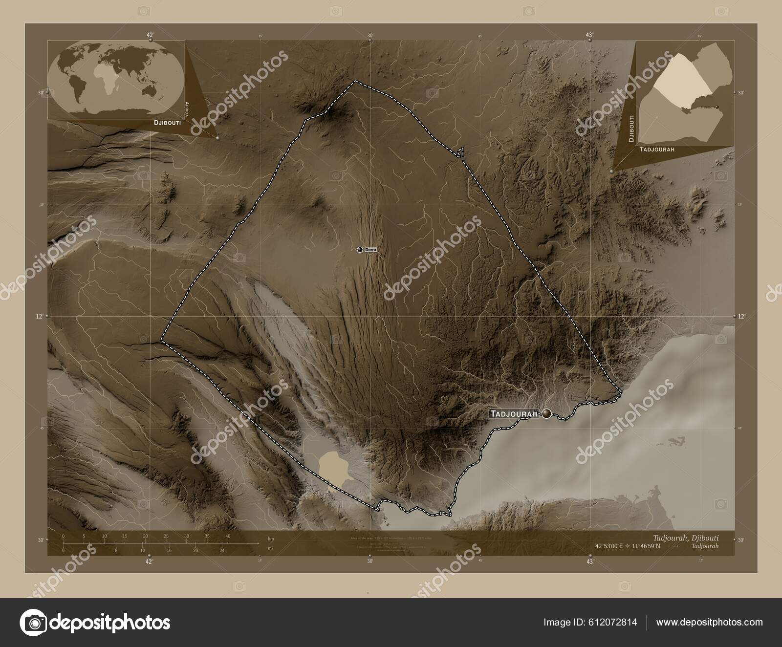 Tadjourah Region Djibouti Elevation Map Colored Sepia Tones Lakes ...