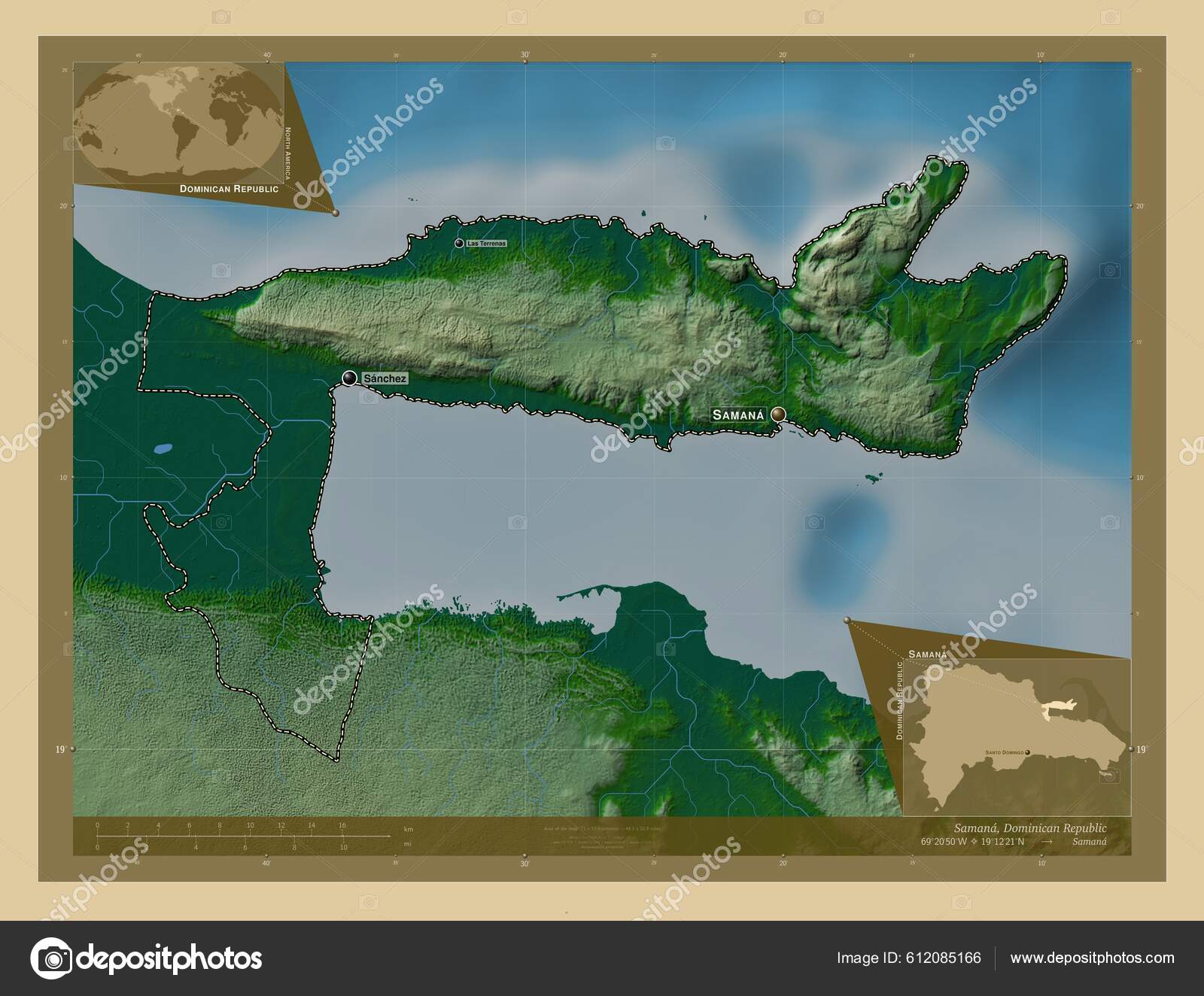 Samana Province Dominican Republic Colored Elevation Map Lakes Rivers ...