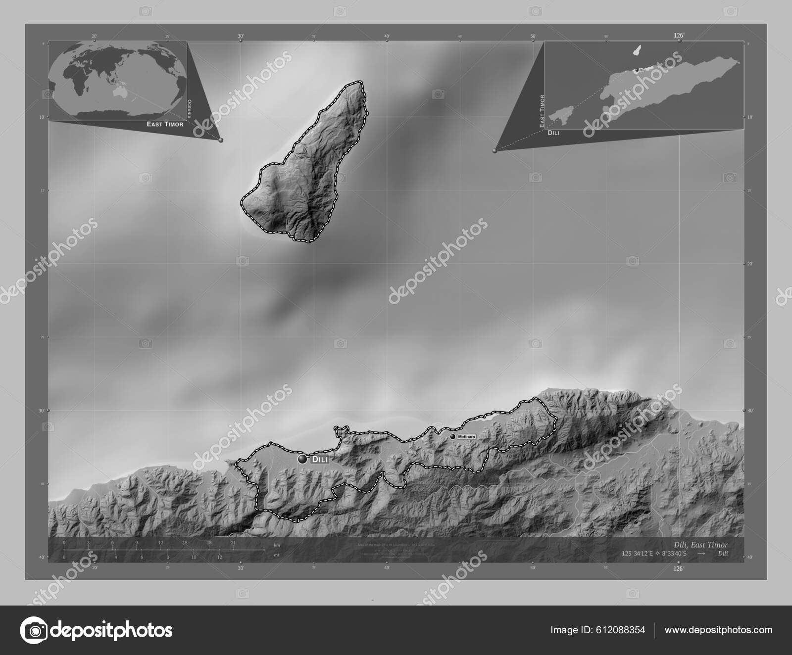 Dili Municipality East Timor Grayscale Elevation Map Lakes Rivers ...