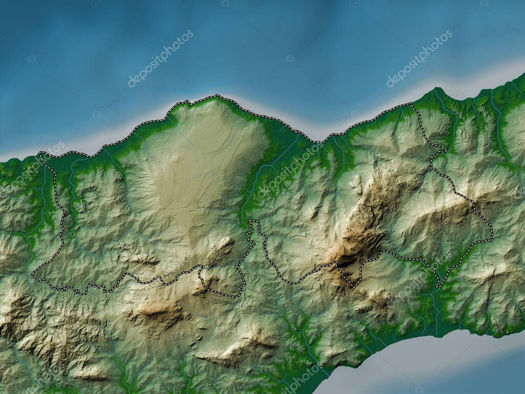 Baucau, municipio de Timor Oriental. Mapa de elevación de colores con ...
