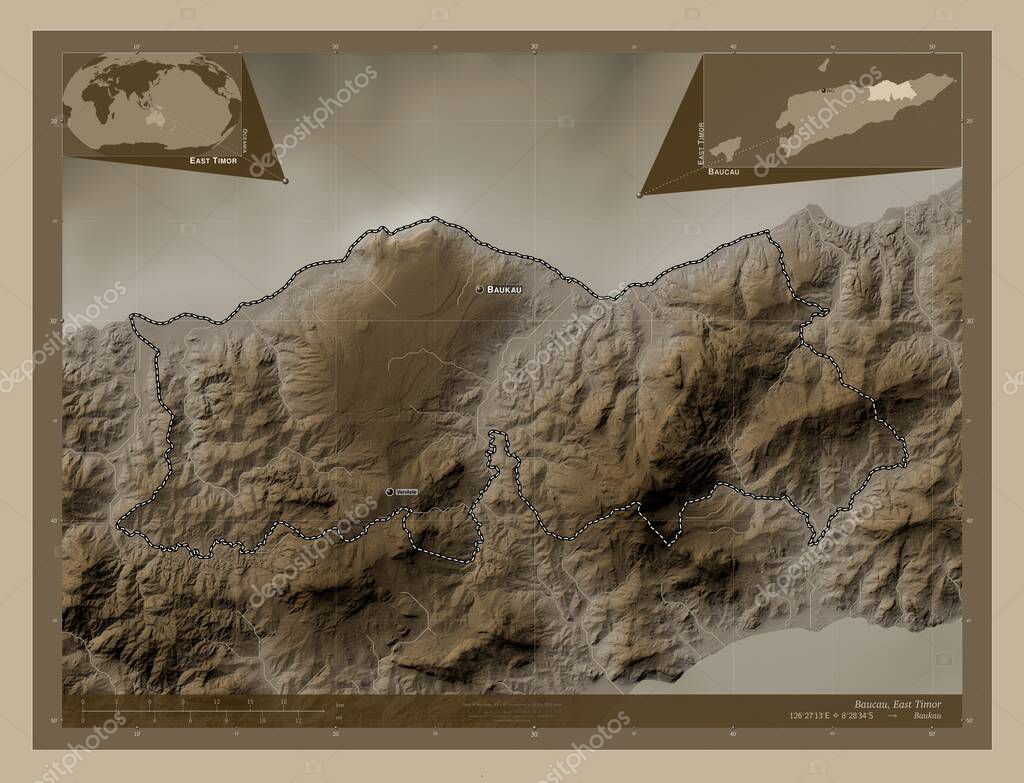 Baucau, municipio de Timor Oriental. Mapa de elevación coloreado en ...