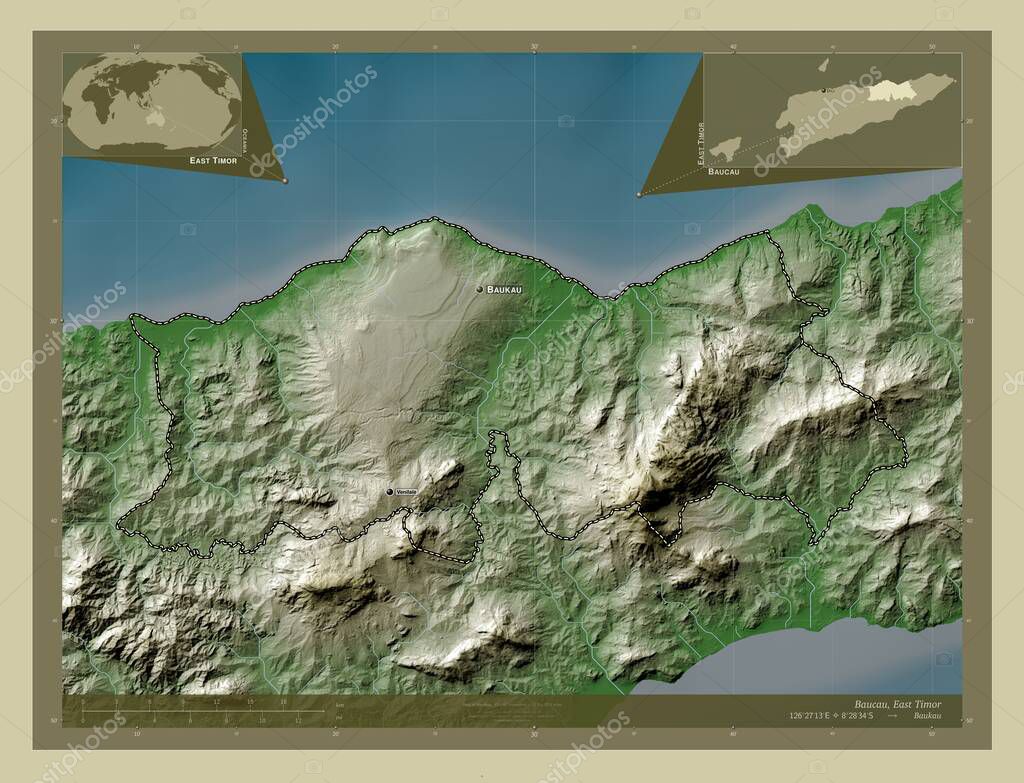 Baucau, municipio de Timor Oriental. Mapa de elevación coloreado en ...