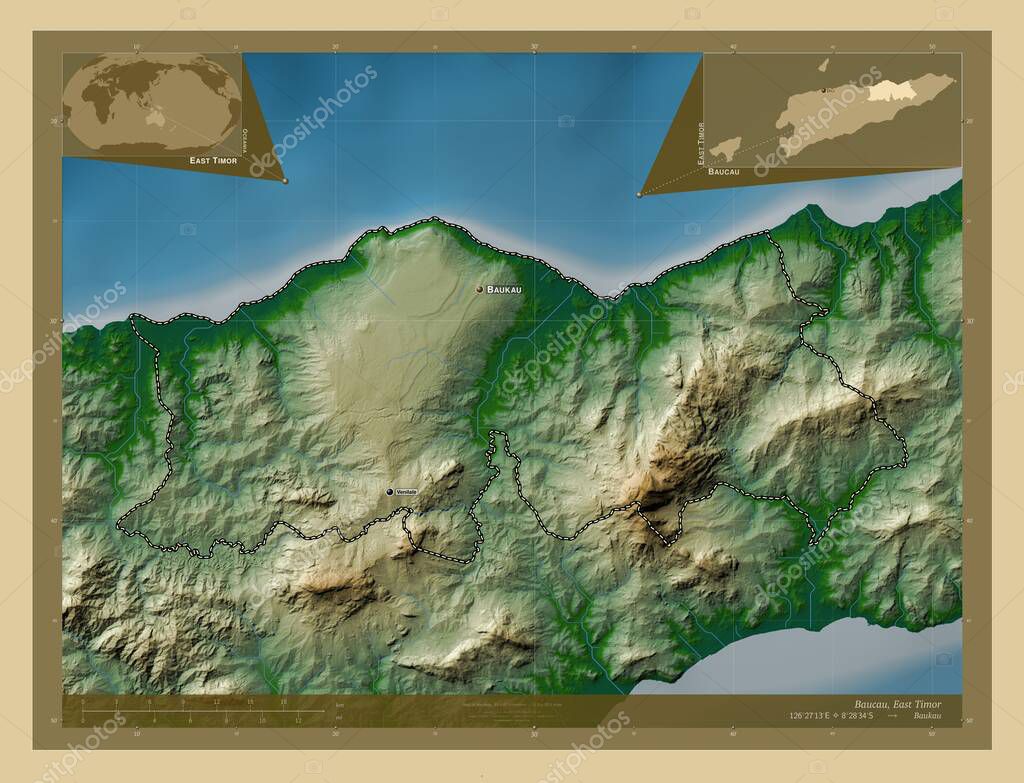 Baucau, municipio de Timor Oriental. Mapa de elevación de colores con ...