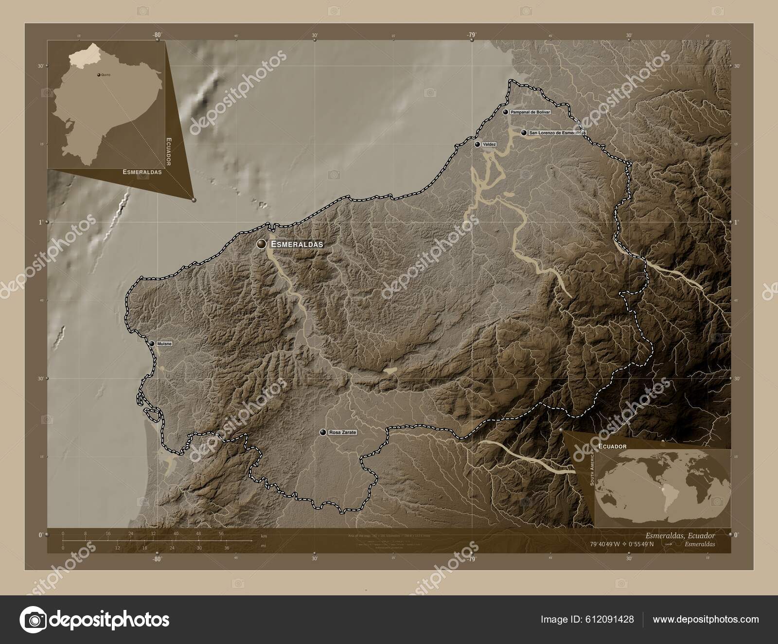 Esmeraldas Province Ecuador Elevation Map Colored Sepia Tones Lakes ...