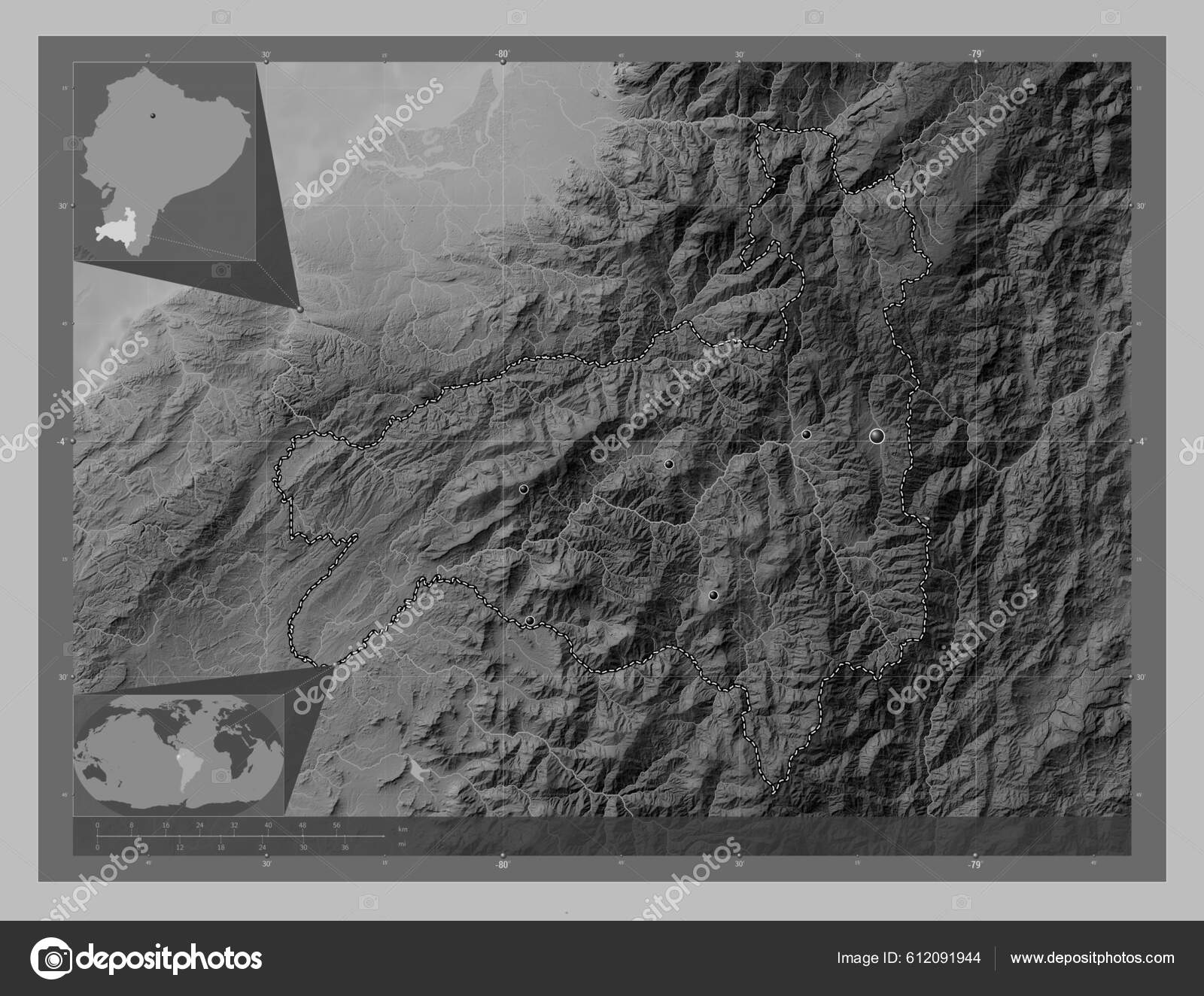 Loja Province Ecuador Grayscale Elevation Map Lakes Rivers Locations ...