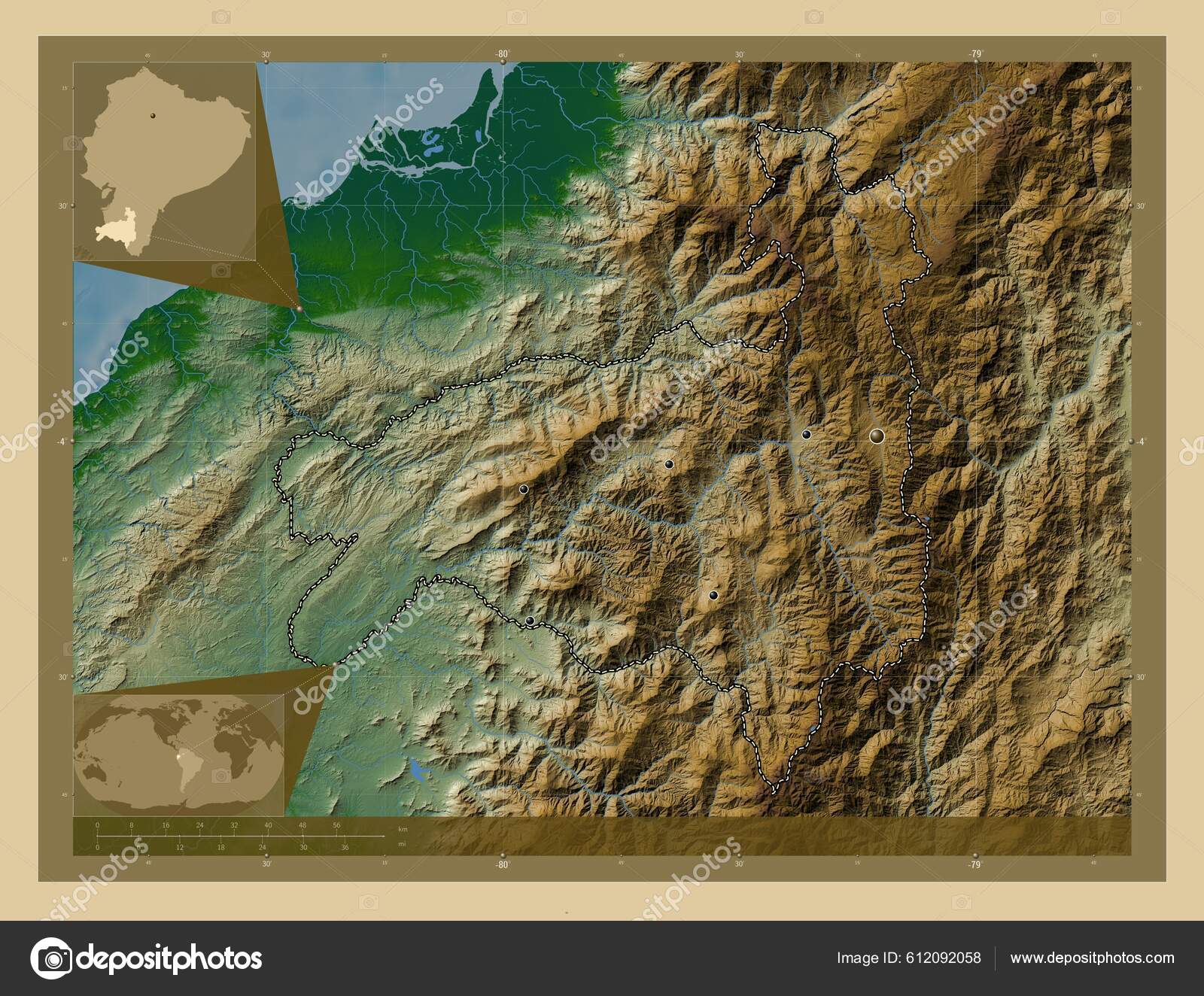 Loja Province Ecuador Colored Elevation Map Lakes Rivers Locations ...