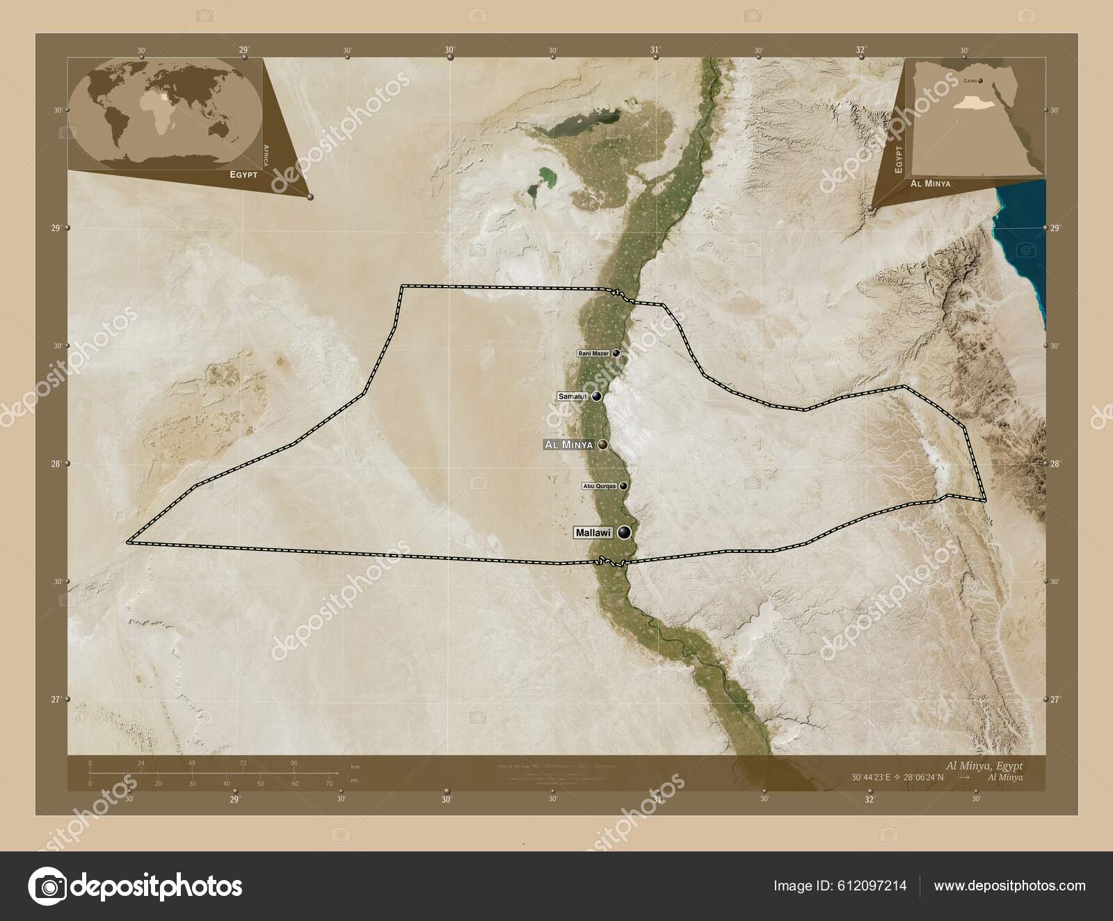 Minya Governorate Egypt Low Resolution Satellite Map Locations Names ...