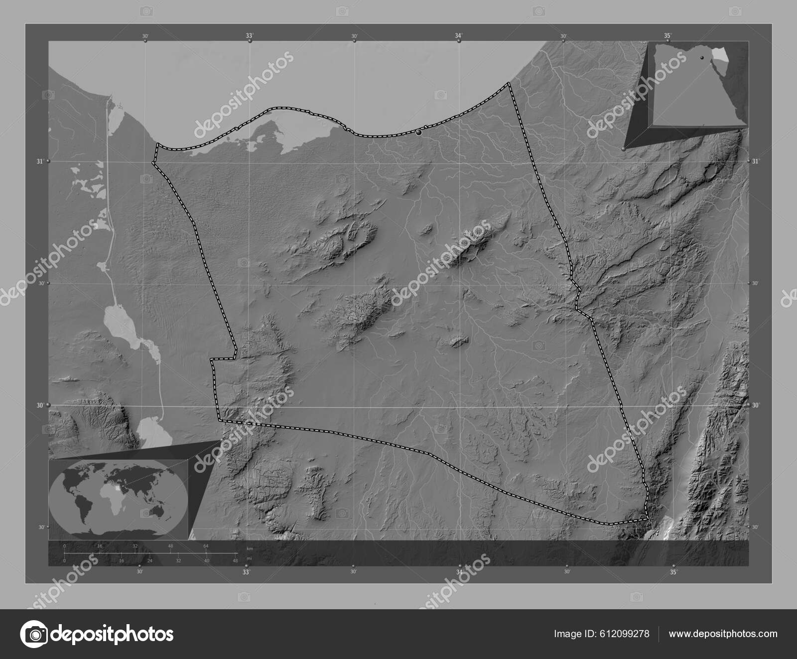 Shamal Sina' Governorate Egypt Bilevel Elevation Map Lakes Rivers ...