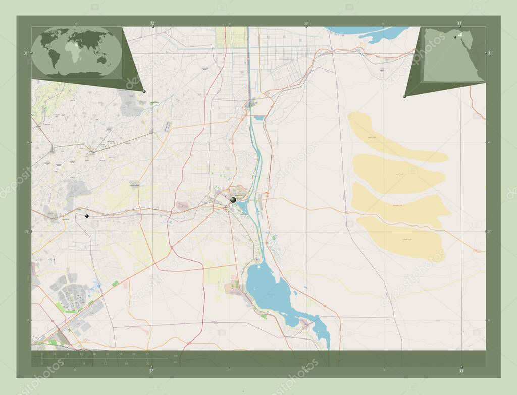 Al Ismailiyah, gobernación de Egipto. Open Street Map. Ubicaciones de las principales ciudades ...