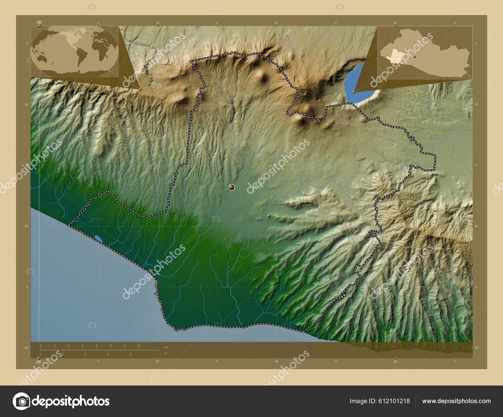 Sonsonate Department Salvador Colored Elevation Map Lakes Rivers Corner ...