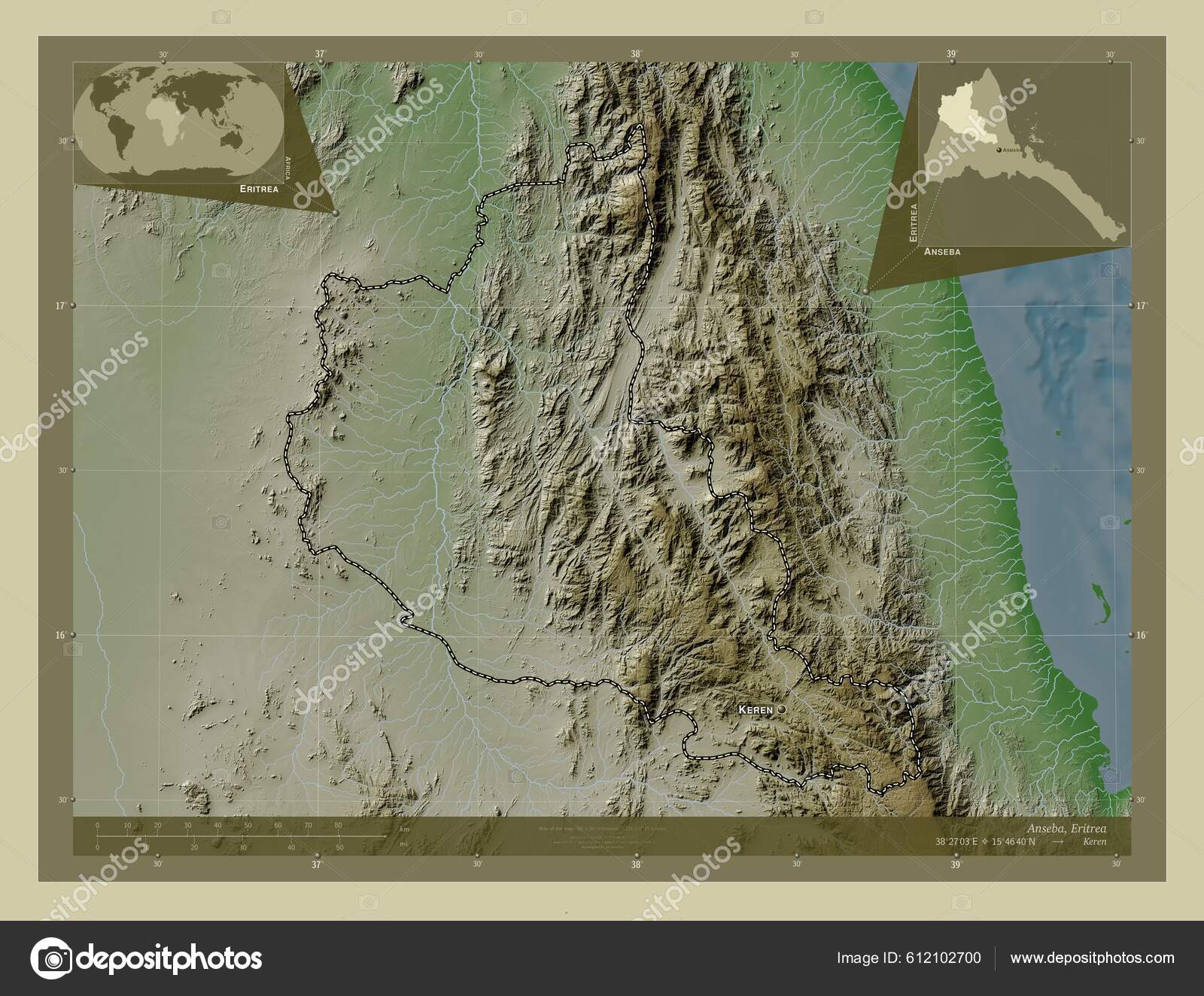 Anseba Region Eritrea Elevation Map Colored Wiki Style Lakes Rivers ...